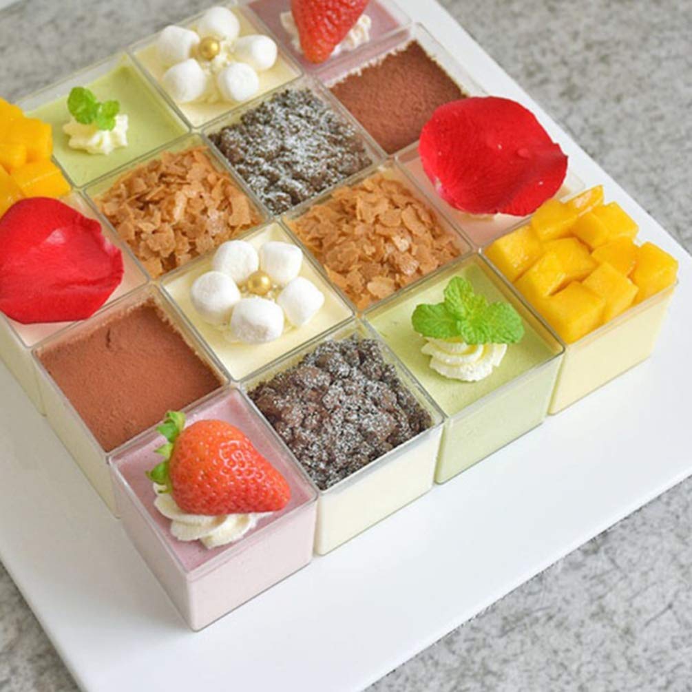 Gadpiparty Mousse Cups 20 Transparent Square with Lids, Plastic Parfait Cups Appetizer Tasting Shooter Cups Reusable Serving Containers for Mousse Ice Cream Fruit and Pudding