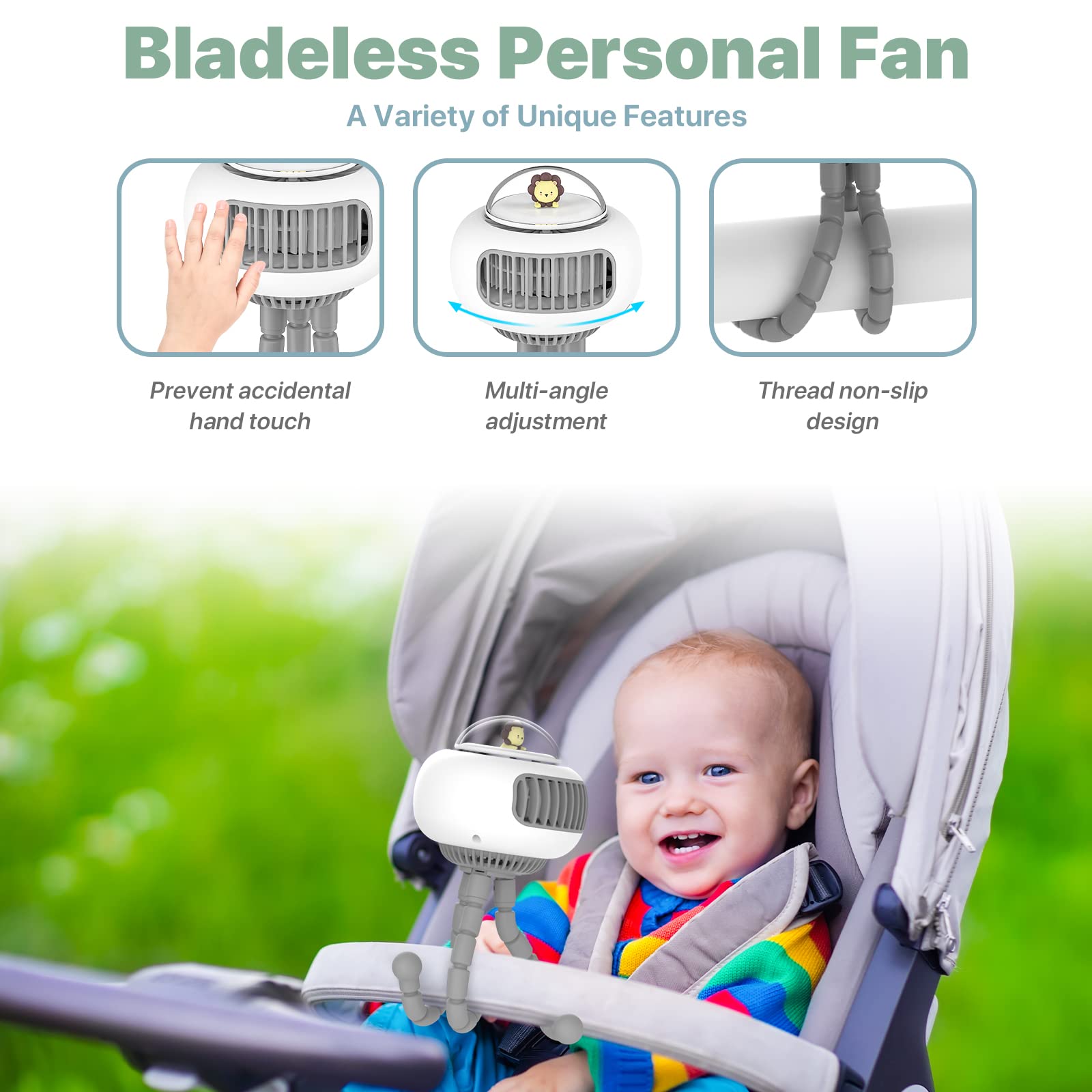 SWTOIPIG Stroller Fan, Portable Bladeless Fan Mini Handheld Fans, 4-Speed Options USB Rechargeable Battery Operated Fan, Suitable for Stroller, Desk, Handheld, Suspended