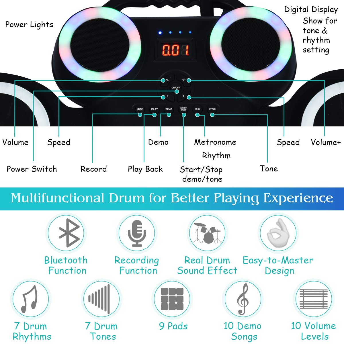 Costzon 9 Pads Electronic Drum Set with LED Light, Portable Roll up MIDI Drum Practice Pad w/Bluetooth, 7 Tones & Rhythms, 10 Demos, Foot Pedals, 2 Built-in Speakers, for Beginners Kids (Black)
