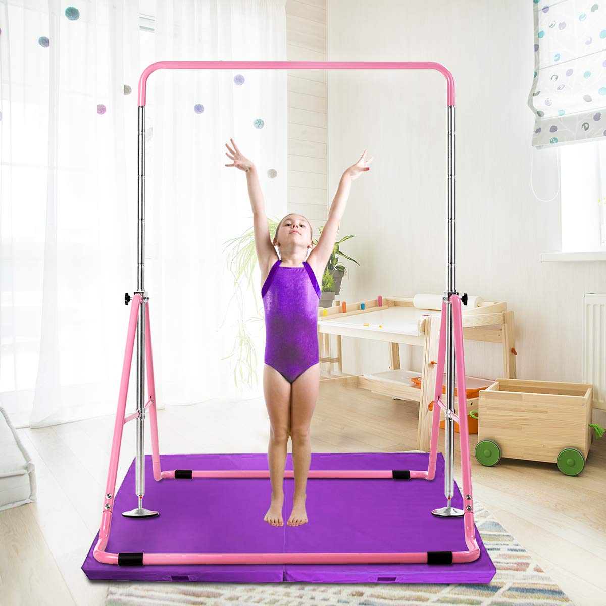 Costzon Expandable Gymnastics Training Bar, Folding Gymnastics Bar with Triangular Structure, 3 to 4.5 FT Height Adjustable Junior Horizontal Kip Bar, Training Monkey Bars for Kids Gymnasts (Pink)