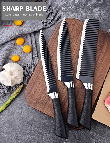 GAJING 6PCS Non-stick Black Kitchen Wavy Pattern Lightweight Knife Set with Ergonomic Handle Includes Chef Knife,Carving Knife,Slicer,Paring knife,Peeler and a pair of scissors