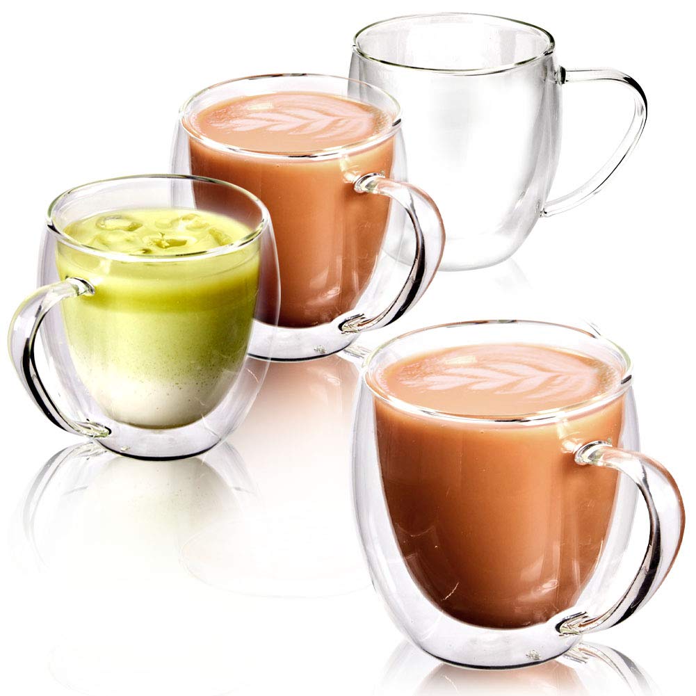 EZOWare Set of 4 Double Wall Coffee Mug Set, 8oz Clear Glass Thermal Insulated Cups with Handles for Hot or Cold Beverages, Espresso, Coffee, Tea, Cocoa, Latte, Cappuccino