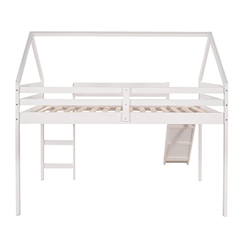 HYC Full Size Loft Bed with Slide, Wood Loft Bed Full with Playhouse Design, Kids House Loft Bed Frame for Boys Girls,White