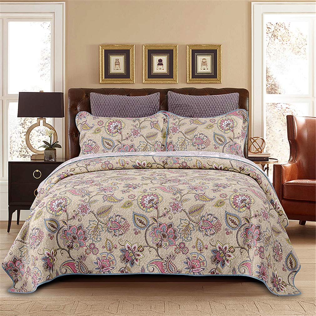 Dodou Queen Size European Gorgeous Floral Pattern Bedspread Quilt Sets-Reversible Patchwork Coverlet Set Patchwork Quilt Bedding Set 3pc