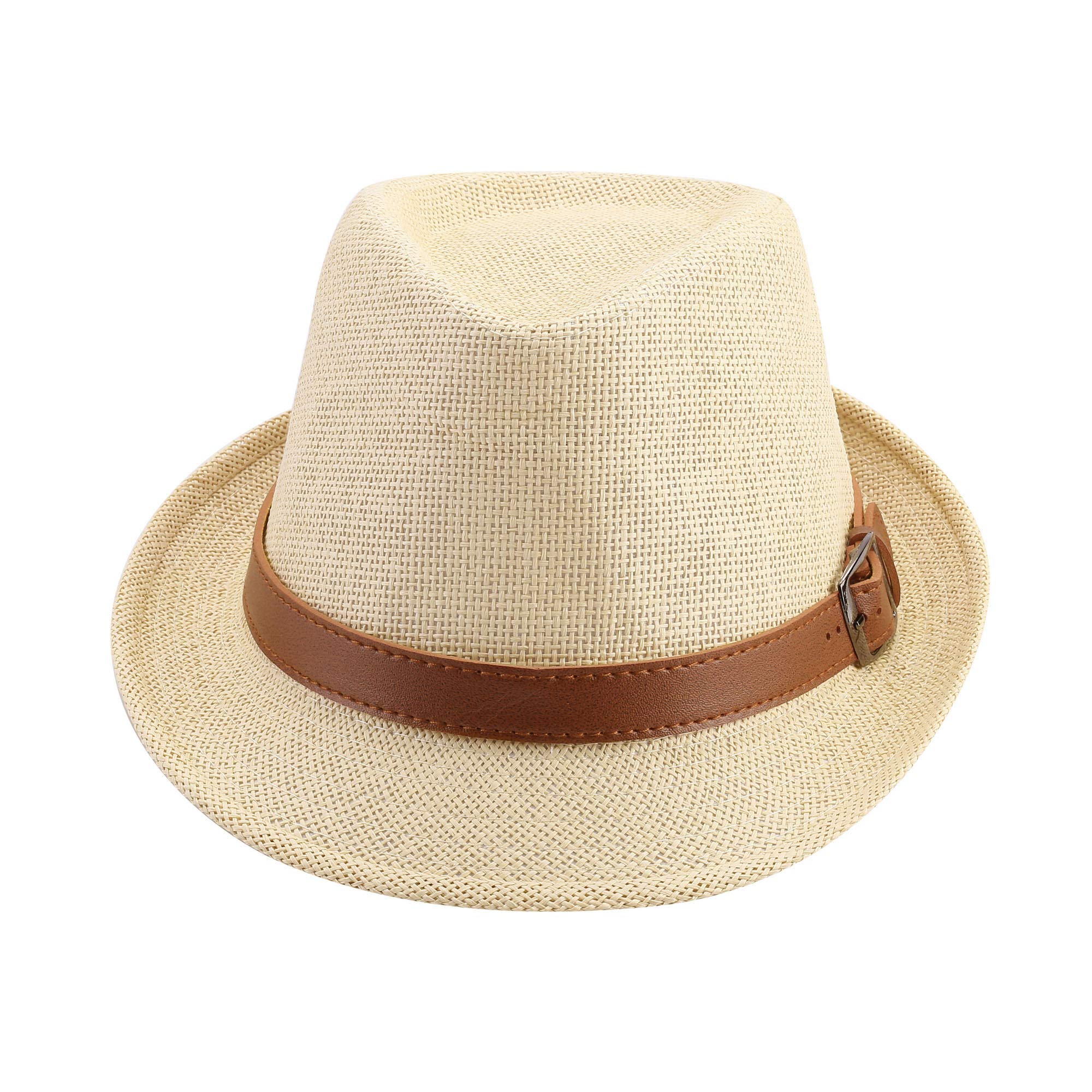 FALETO Straw Fedora Hat Classic Panama Trilby Hats Short Brim Sun Hat for Men Women Beige