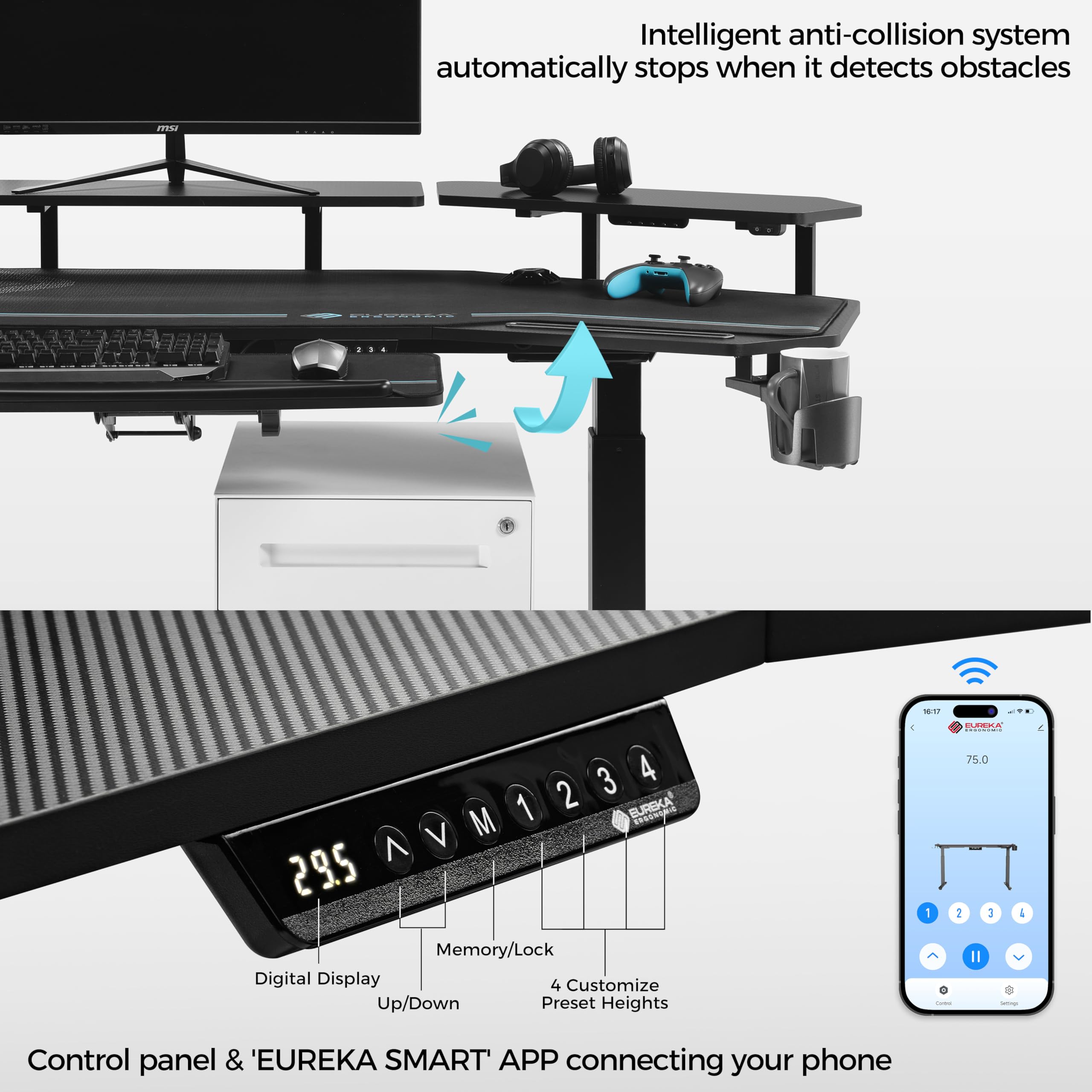 EUREKA ERGONOMIC Gaming Desk, Standing Desk Keyboard Tray, 72" Wing Shaped Music Studio Desk Electric Adjustable Height Desk Sit Stand Desk with LED Shelves, Gaming Recording Live Stream, Slot Design