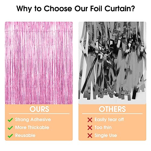 Fringe Backdrop, Pink Backdrop, Foil Fringe Curtains, 3 PCS 3.3x6.6ft Tinsel Curtain Backdrop Streamers for Valentine's Day Birthday Wedding Bachelorette Party Supplies Graduation Decorations