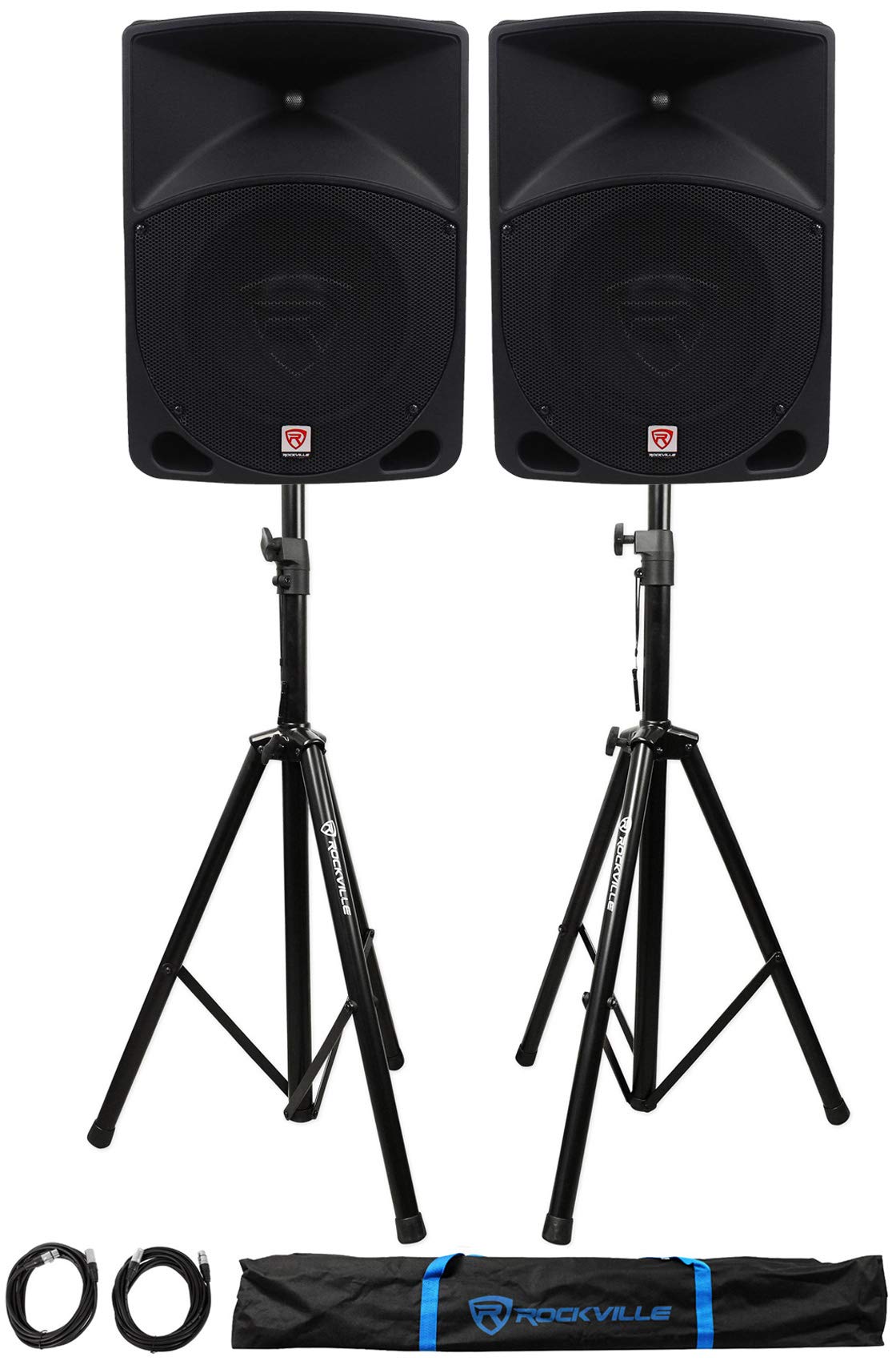 Rockville Pair RPG10 10" 1200w Powered PA/DJ Speakers + 2 Stands + 2 Cables+Bag