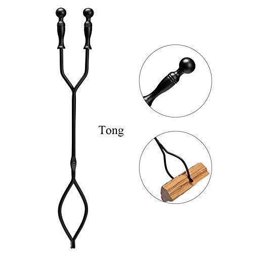 DOEWORKS 4 Pieces Fireplace Tools Sets with Handles Wrought Iron Fire Tool Set for Indoor Fireplace and Outdoor Fire Pit (Poker, Tongs, Shovel, Brush)