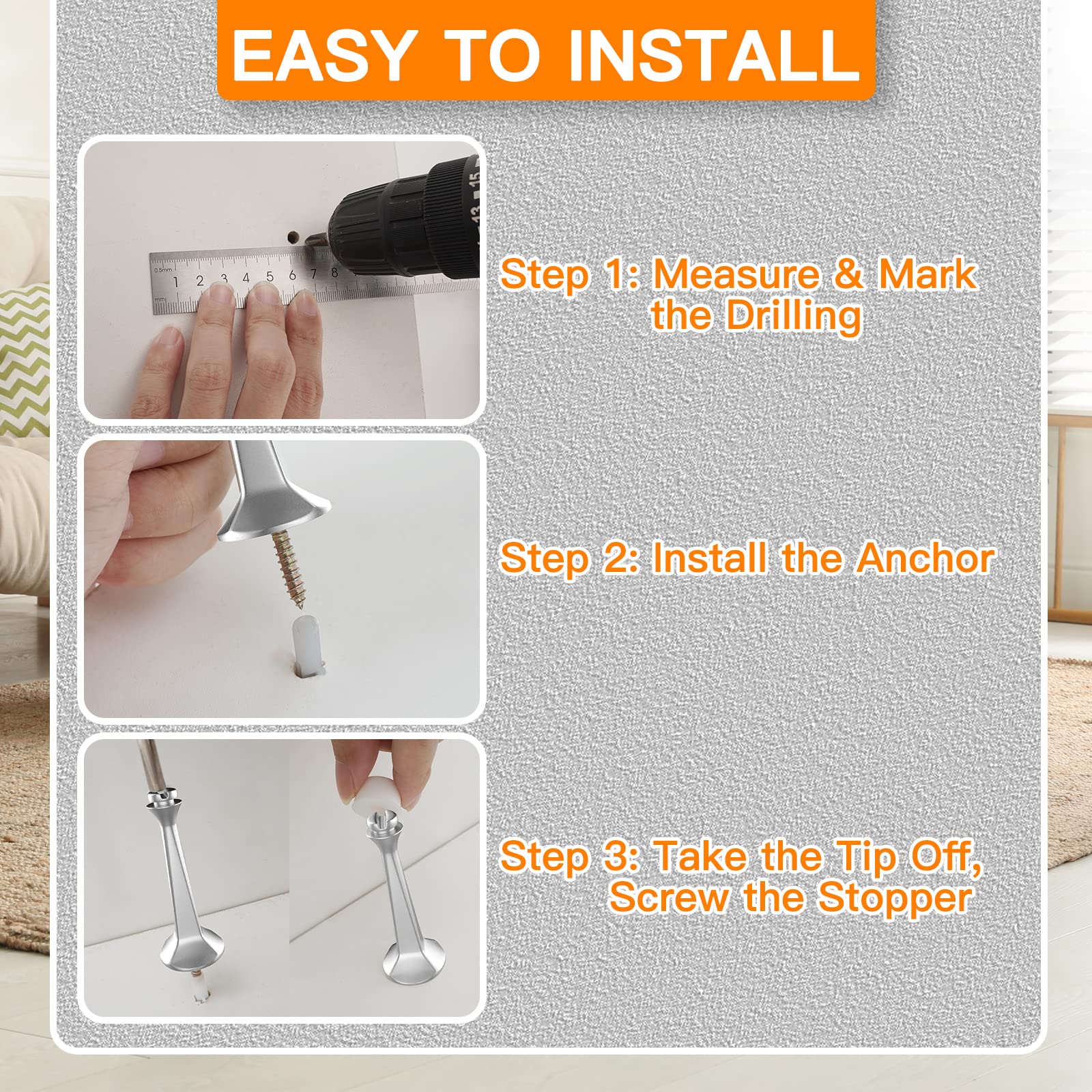 Door Stoppers for Bottom of Door - 6 Pack WINONLY Door Stops with Soft Rubber Tips Wall Protector Heavy Duty Solid Rigid Door Stoppers, Satin Nickel