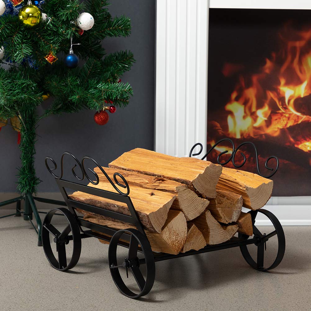 DOEWORKS Fireplace Log Rack Decorative Wheels Fire Wood Carriers Heavy Duty Firewood Holder Stand for Indoor/Outdoor Fire Place
