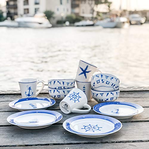 Euro Ceramica Ahoy Collection Nautical Ceramic Coffee/Tea Mugs, 13.5oz, Set of 4, Assorted Designs, Blue & White