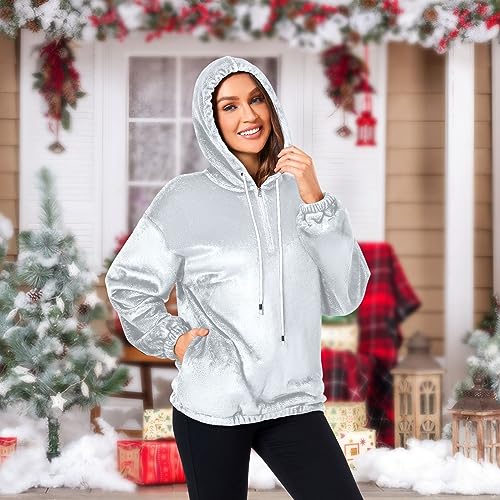 Joisal Alice Blue Fluffy Sweatshirt for Women, with Pockets, Women Clothes, Sherpa Pullover Hoodie Womens