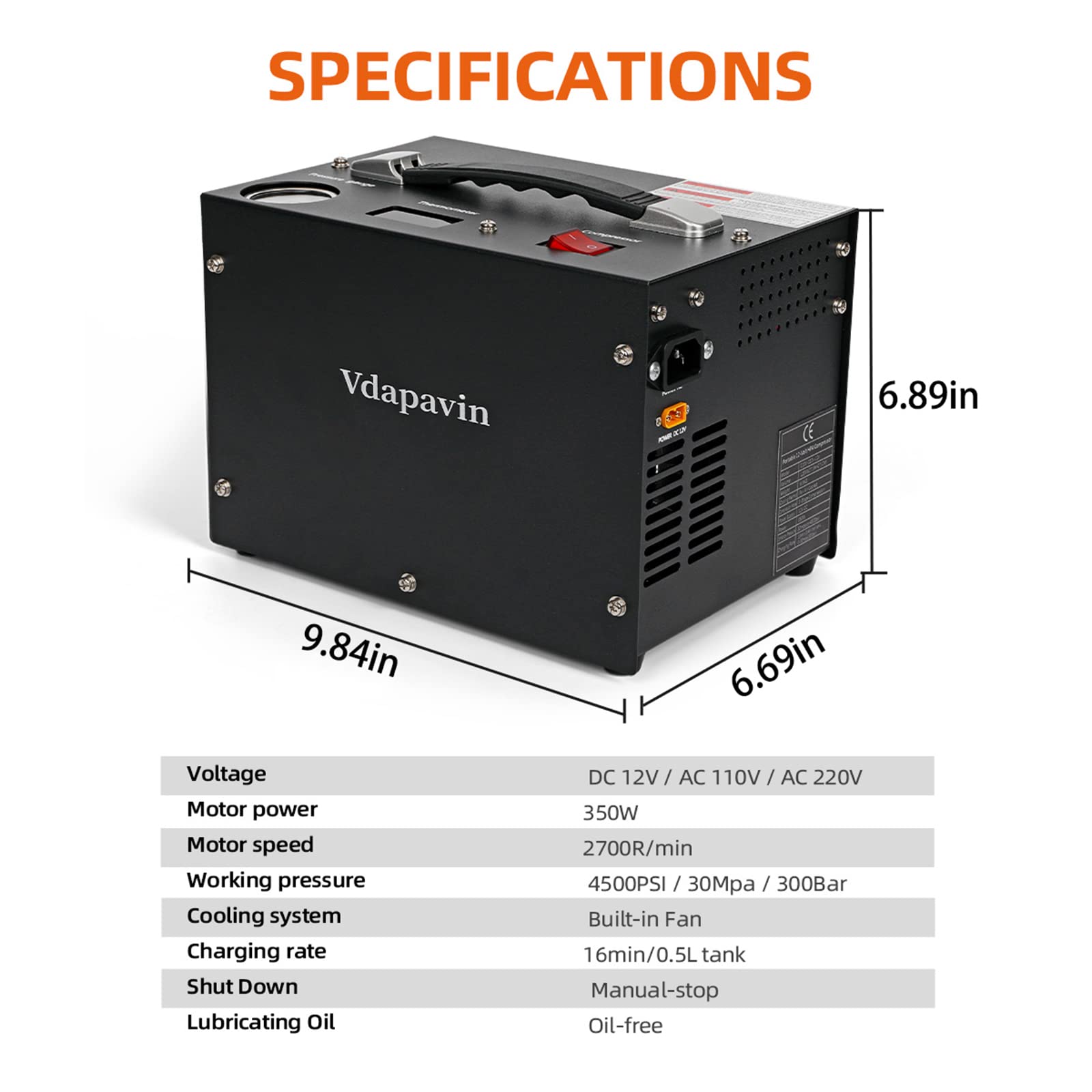 PCP Air Compressor,Built-in Power Converter,Oil/Water-Free, 4500Psi/30Mpa, 12V DC or Home 110V AC, for Paintball/PCP Air Rifle/Tank