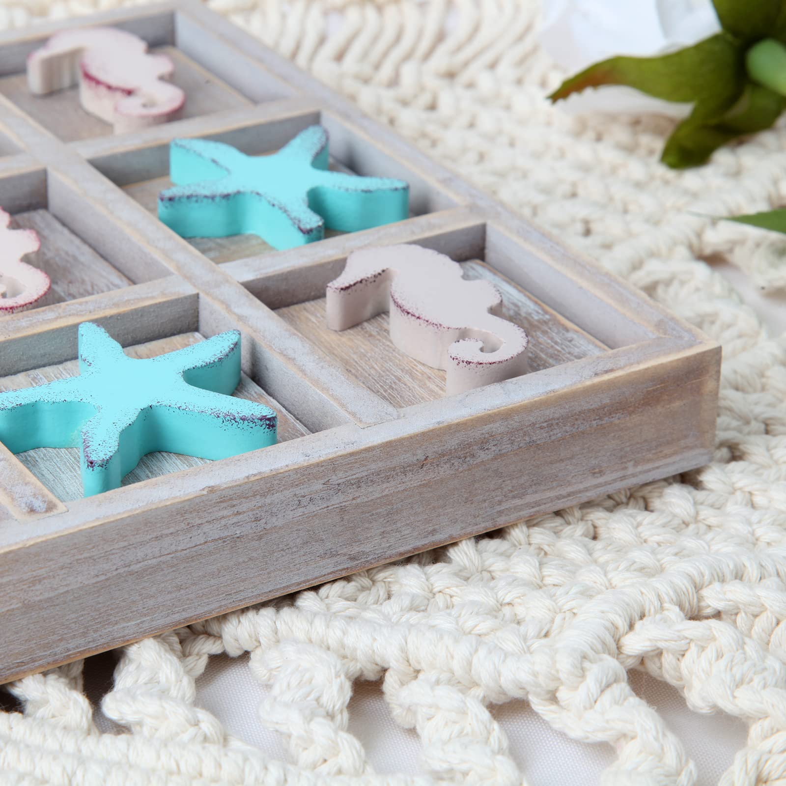 FAMIPLUS Coastal Tic Tac Toe Game Nautical Wooden Tic Tac Toe Board Game for Beach House Coffee Table Desk Decor, Rustic Brown