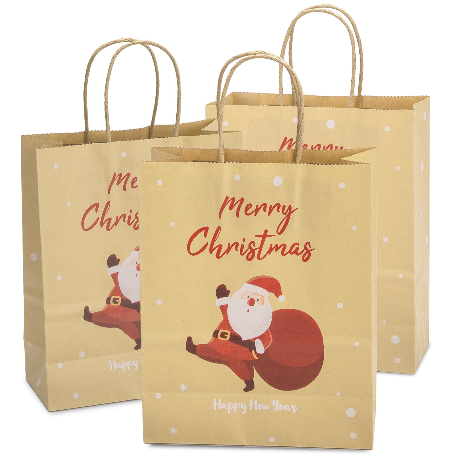 Ronvir 50Pcs Christmas Paper Bags, 7.2 x 3.2 x 8.8 inch Gift Bags Medium, Christmas Treat Bags, Xmas Goodie Bags With Handles Bulk For Christmas, Party