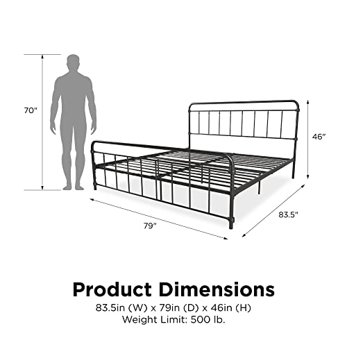DHP Winston Metal Platform Bed with Rustic Design and Curved Edge Headboard and Footboard, Adjustable Base Height for Underbed Storage, No Box Spring Needed, King, Black