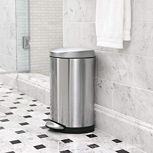 simplehuman 6 Liter / 1.6 Gallon Semi-Round Bathroom Step Trash Can, White Steel