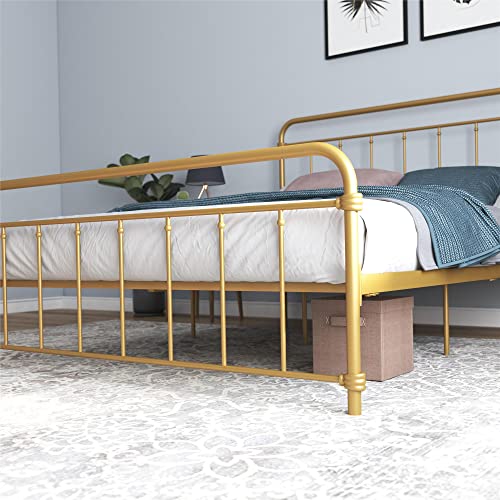 DHP Winston Metal Platform Bed with Rustic Design and Curved Edge Headboard and Footboard, Adjustable Base Height for Underbed Storage, No Box Spring Needed, Queen, Gold