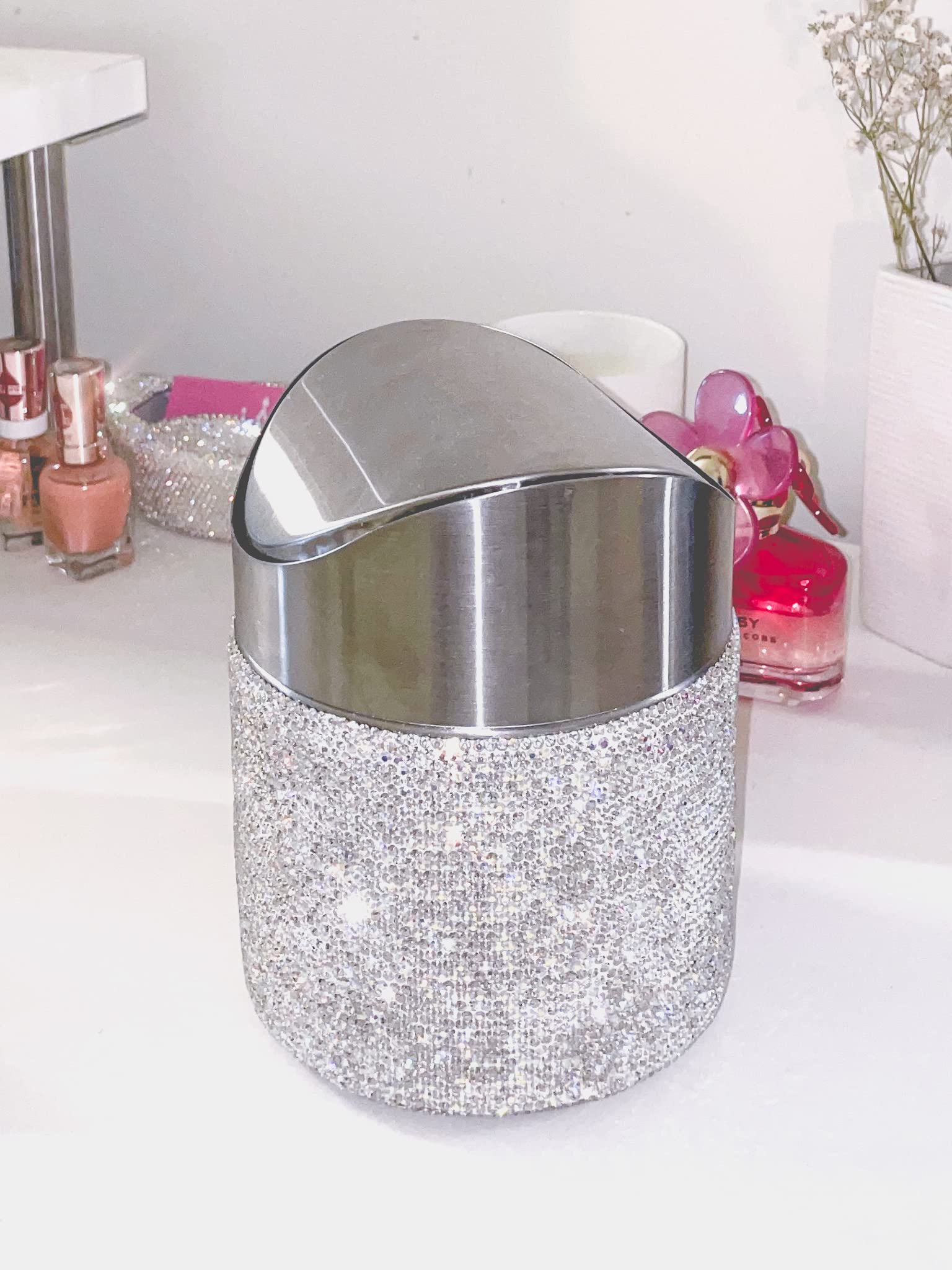 TISHAA Decorative Mini Size Trash Can Wastebasket – Garbage Container Bin Waste Basket Crystal Rhinestone Bedazzled Glitter Deco Vanity Home Office Desk, Perfect for Vanity and Small items