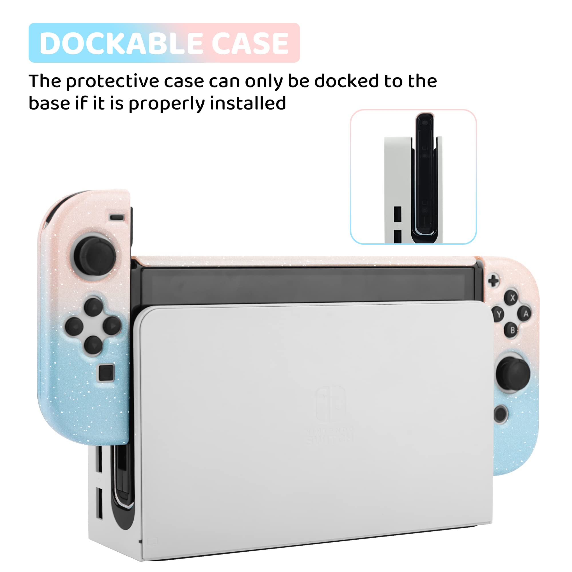GLDRAM Glitter Pink-Blue Protective Case for Nintendo Switch OLED, Cover for Switch OLED Console and Joycon Controller, Dockable Hard Shell Anti-scratch with 2 Thumb Grip Caps for Girl