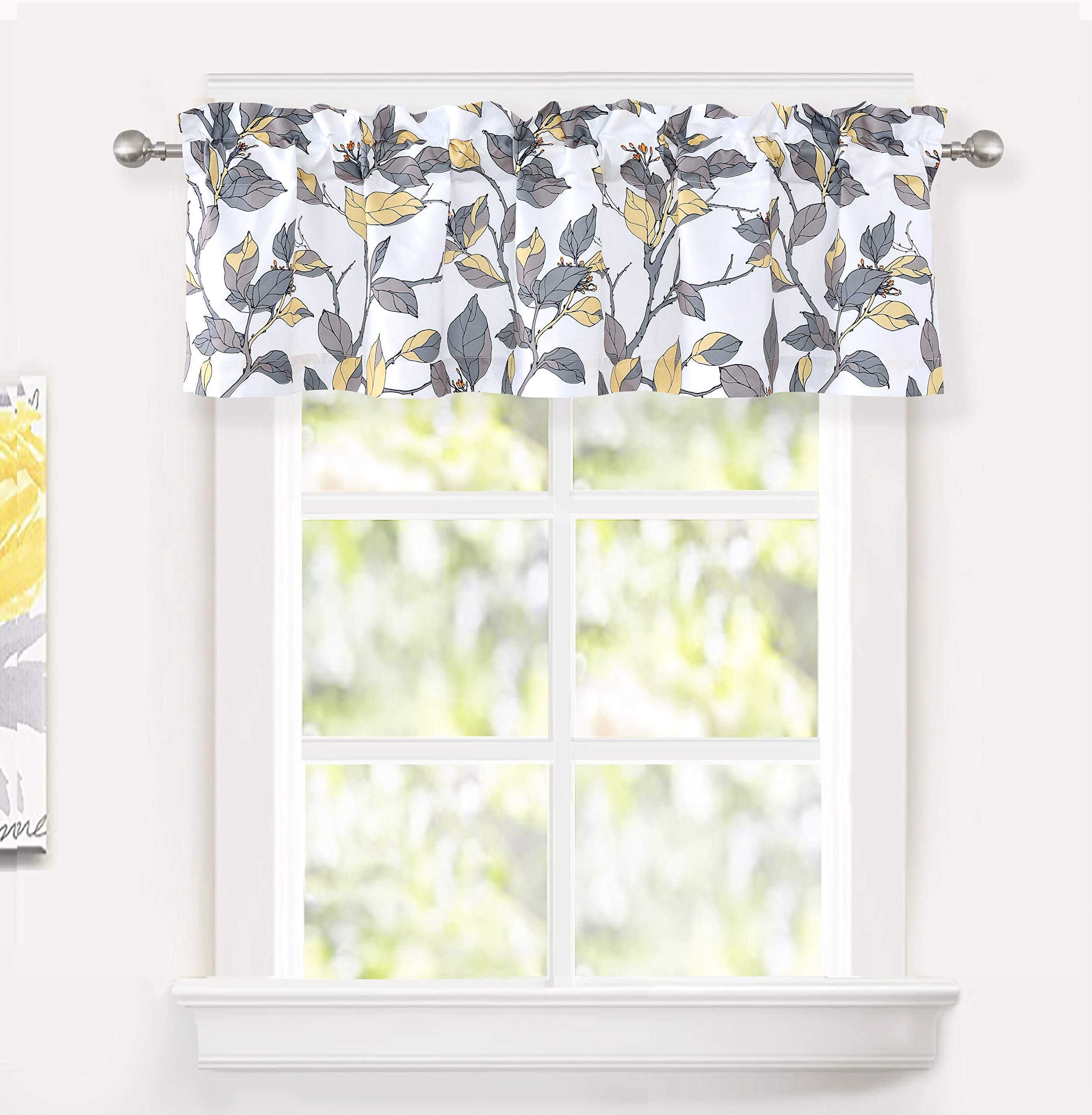 DriftAway 3 Piece Kitchen Curtains with Valance and Tier Sets Yellow Floral Branch Farmhouse Light Filtering 24 Inch Kitchen Window Curtains Over Sink for Bathroom Living Room