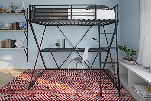 DHP X-Loft Metal Bunk Bed Frame with Desk - Space Saving Design - Twin, Black