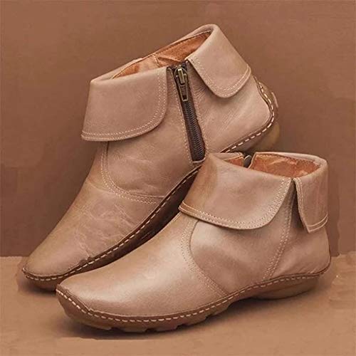 FASDNENDYS Zipper Non-Slip Toe Flats Casual Womens Ankle Round Leather Boots Shoes Immobilizing Boot Large Beige