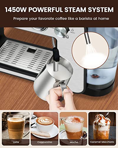 Teglu Espresso Machine 20 Bar with Milk Frother, Semi-Automatic Latte & Cappuccino Coffee Maker Duo-cup 33oz/1L Removable Water Tank for Home/Office, 1450W, Stainless Steel