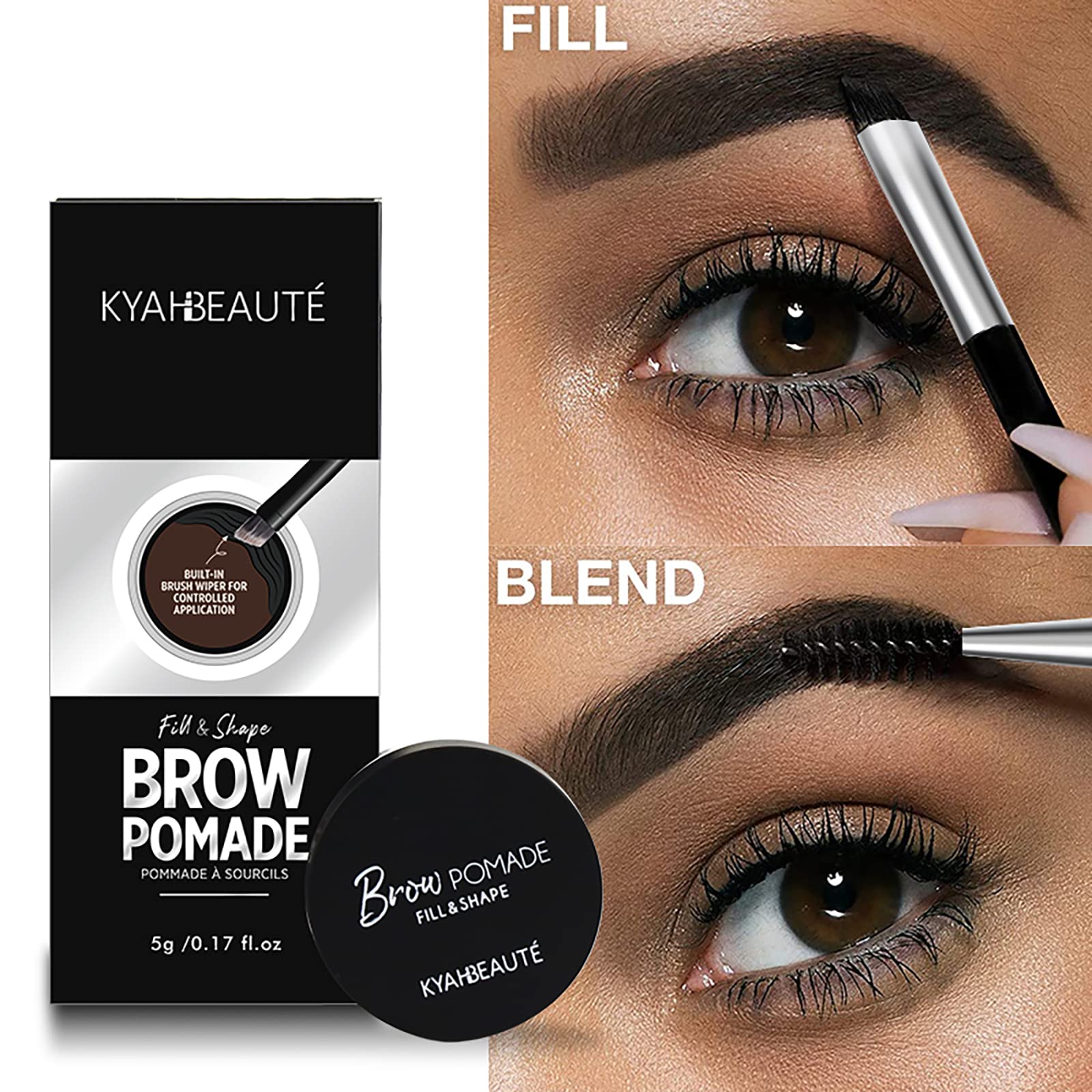 Fill and Frame Eyebrow Pomade Kit, Long Lasting and Waterproof Eyebrow Gel Makeup Set with Dual-ended Brush and Brow Trimmer, Tinted Eyebrow Cream for Delicate and Smooth Brow, 5g/0.17oz (Ebony)