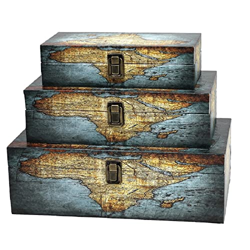 Jolitac Wood Storage Box Set of 3, Vintage Decorative Nesting Boxes Wooden Treasure Storage Crates With Latch, Home Decor Rustic Antique Boxes With Lid for Photos, Jewelry, Cash (Rectangle- Map)