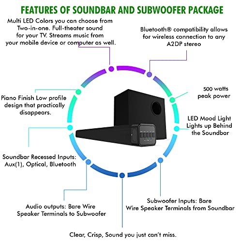 Technical Pro 500 Watts LED Color Changing Soundbar with Subwoofer | Powerful Sound Bar for TV, Home Theatre | Bluetooth Enabled, Black