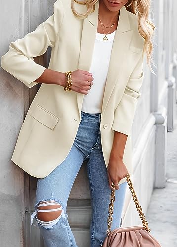 LCRRRN Womens Business Casual Loose Blazers Long Sleeve Pockets Work Professional Jacket Blazer Suit (L, Off White)