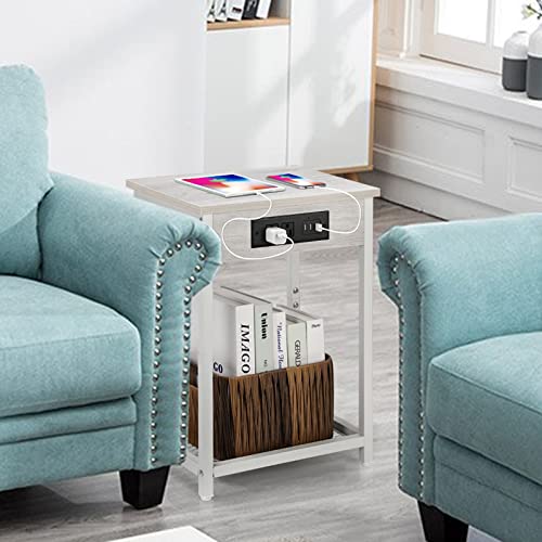 melos Nightstands with Charging Station, 2 Tier Bedside Table with USB Ports and Outlets, Narrow End Table with Storage Shelf, Side Tables for Bedroom, Living Room, Light Maple White