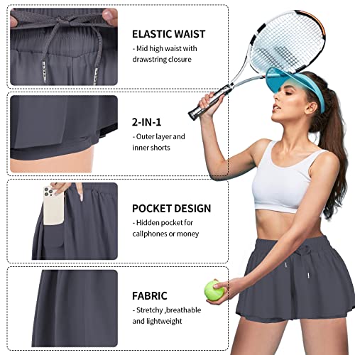 Gleihow Women's 2 in 1 Flowy Running Shorts Athletic Gym Yoga Workout Butterfly Shorts with Pocket Grey