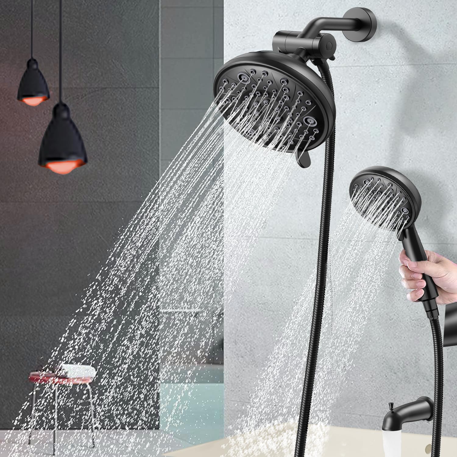 EMBATHER Tub and Shower Faucet Set, Dual Shower Head with Bathtub Faucet Set, Single-handle Control Shower Valve and Trim Kit, Matte Black