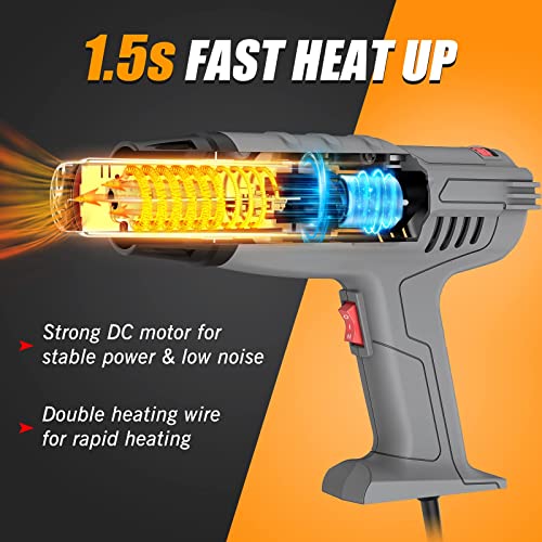 DIAFIELD 1850W Heat Gun 10 Variable Temperature Settings 112℉~1202℉(44℃- 650℃), Fast Heat Hot Air Gun, Durable & Overload Protection, with 4 Nozzels for Shrink Wrap, Vinyl, Crafts, Epoxy Resin(5.9FT)
