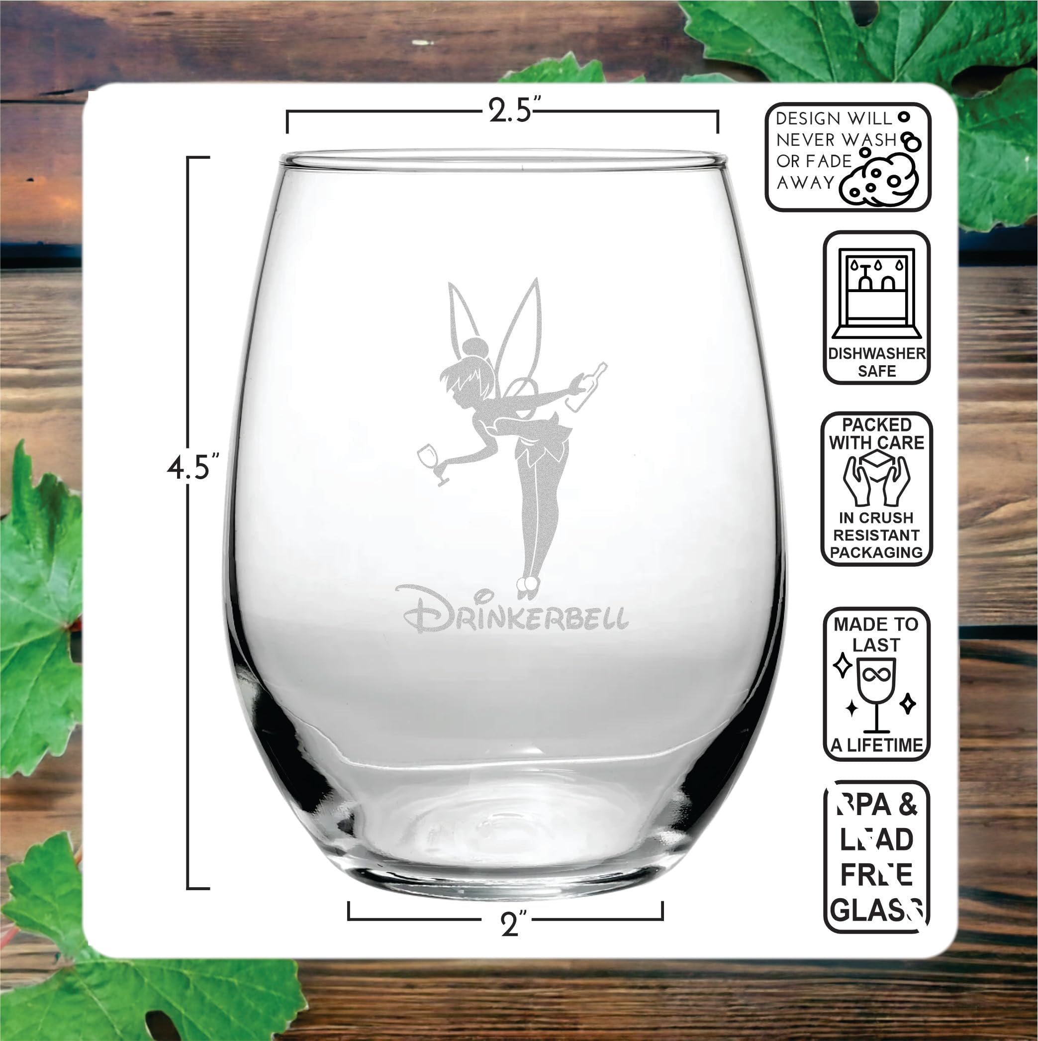 Fairy Gifts - Drinkerbell - 15 oz Fairy Wine Glass - Permanently Engraved - Birthday Present - Funny Movie Themed Gifts - Couples - Handmade - Pixie Dust - Peter Pan