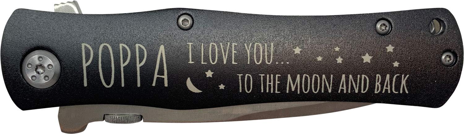 Poppa - I Love You to The Moon and Back Stainless Steel Folding Pocket Knife with Clip, Black