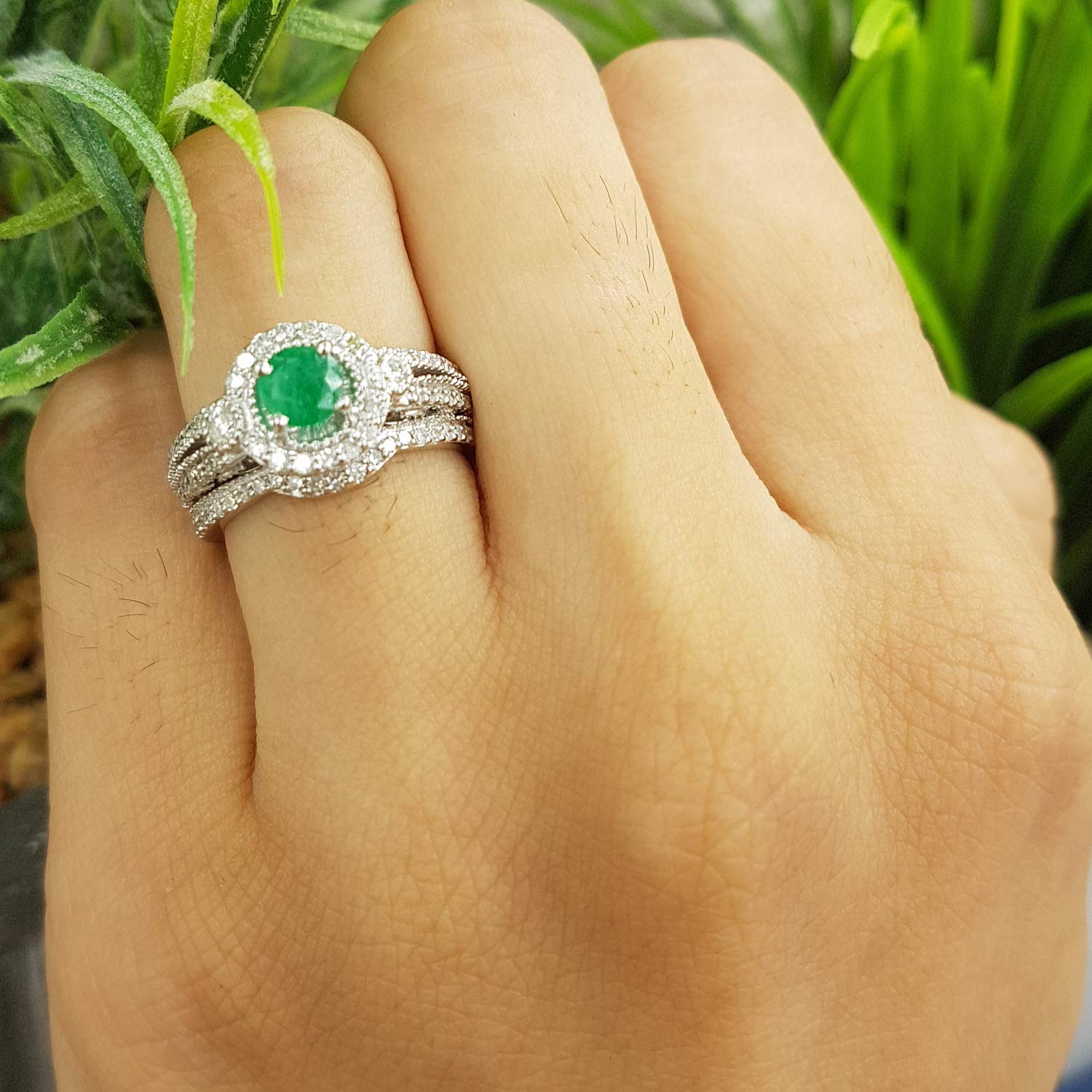 Dazzlingrock Collection 14k Round Emerald & White Diamond Women Halo Bridal Engagement Ring Set, White Gold, Size 5.5