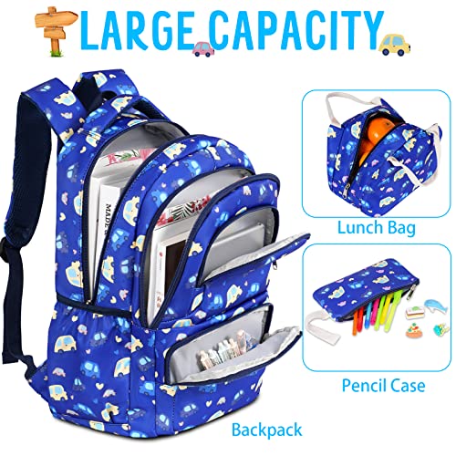 Unineovo Backpack for Boys, Car Backpack,Lunch Box Schoolbag for Kids, Kids Boys Water Resistant Laptop Backpack,Lightweight Bookbag with Pencil Case,3 Pcs Set Nylon Side Pocket Backpack for School
