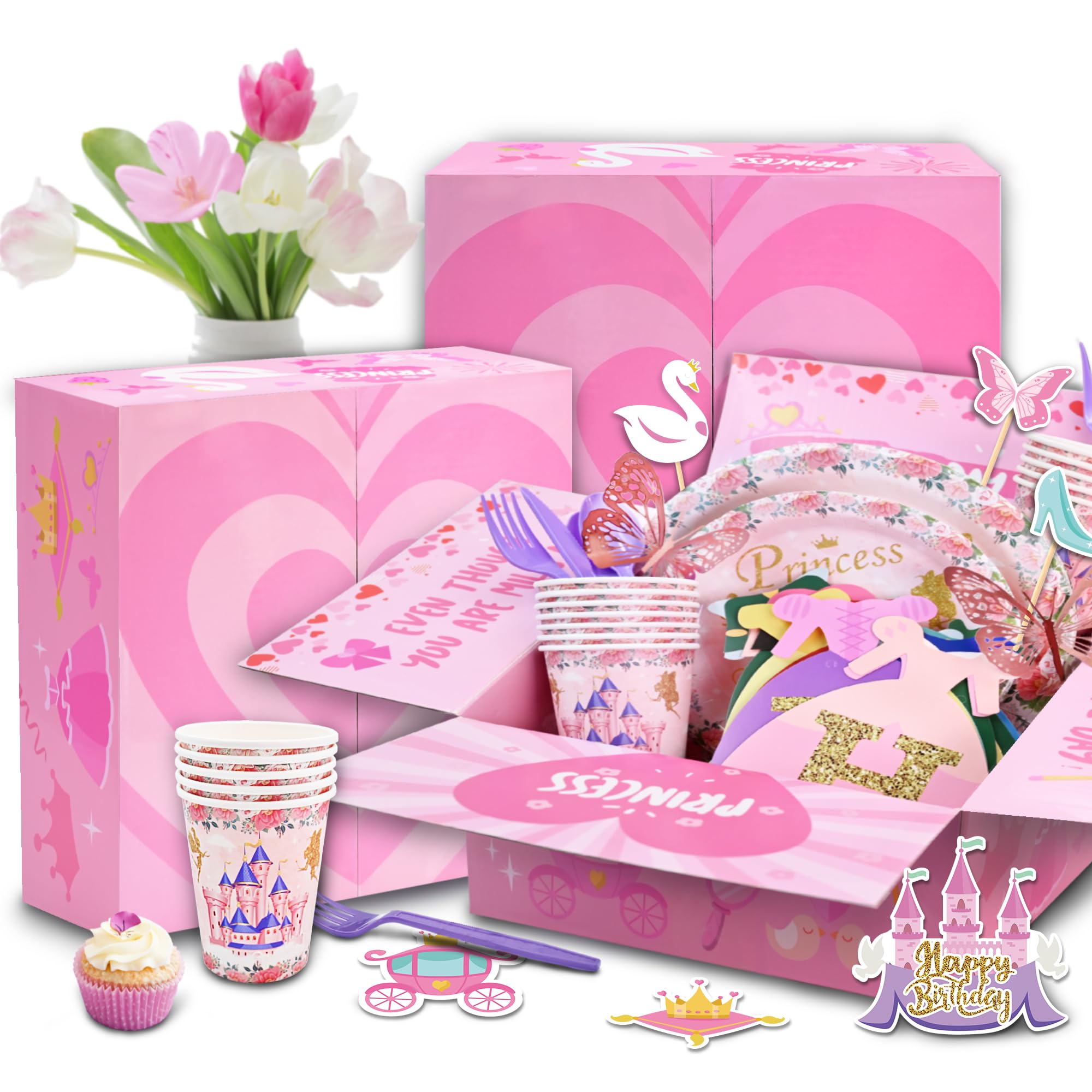 Party Spot! 208 PCS Princess Birthday Party Decorations For Girl, 12 Tableware Sets, Castle Balloons, Balloon Arch, Disposable Paper Plates, Backdrop, Balloon Pump, Princess Party Decorations