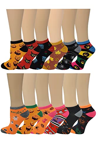 SUMONA Differenttouch 12 Pairs Pack Women Low Cut Colorful Fancy Design Ankle Socks (9-11, Halloween)