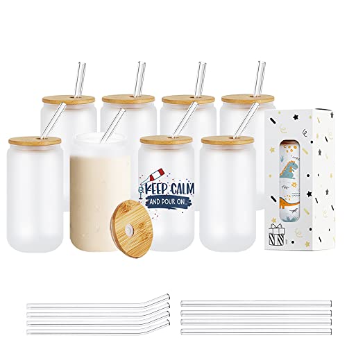 MerryJoy 8 PACK Sublimation Glass Blanks With Bamboo Lid,16 OZ Frosted Glass Cups With Lids And Straws,Sublimation Glass Can,Sublimation Glass Blanks For Iced Coffee,Juice,Soda,Drinks,Beer
