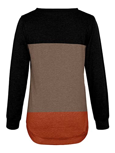TEMOFON Women's Tops Long Sleeve Color Block Top Casual Loose Crew Neck Soft Blouse Tunic T-Shirts Khaki Block M