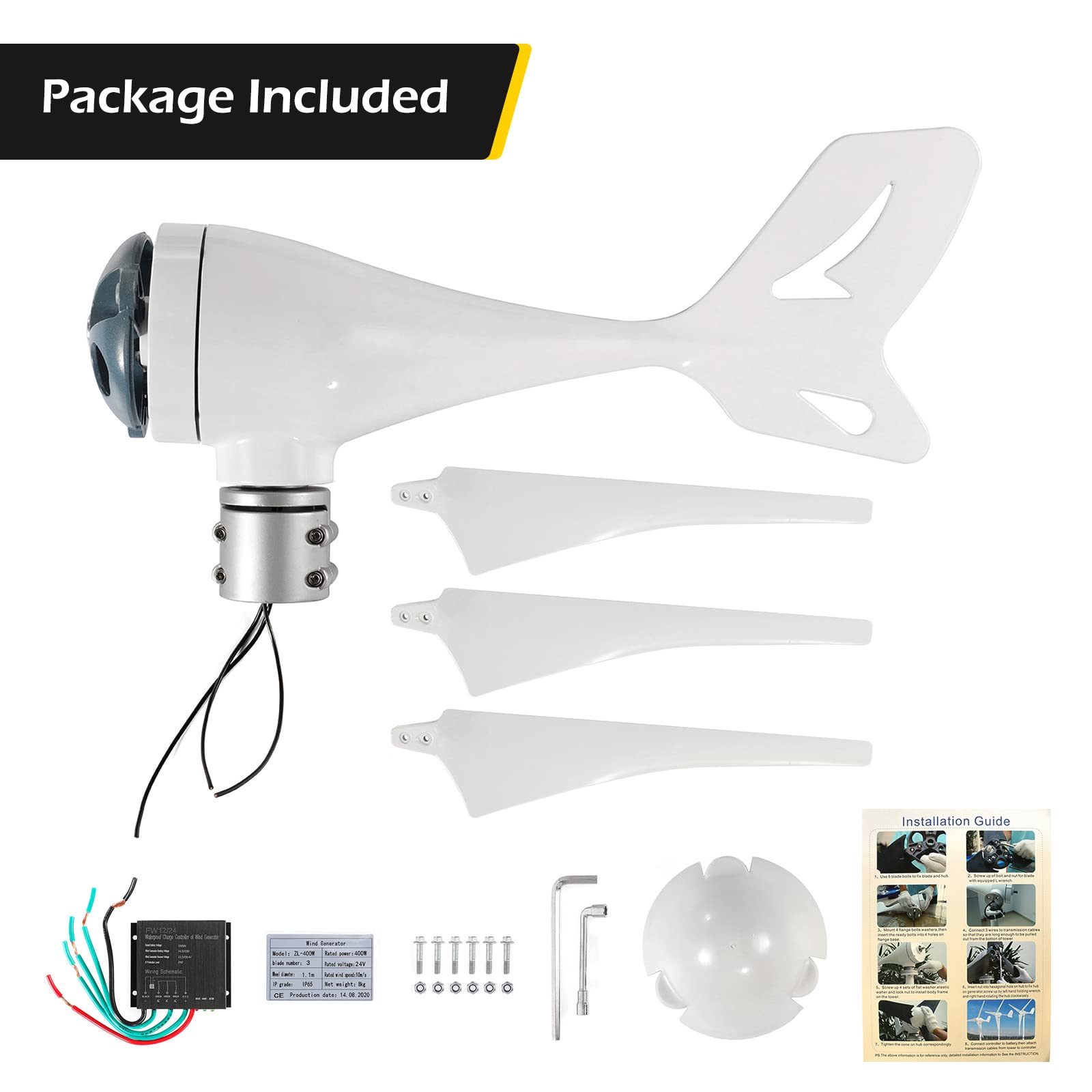Dyna-Living Wind Turbine Generator 400W DC 24V 3 Blades Wind Turbine Motor with Charge Controller for Home Use or Industrial Energy, Wind Power Generator Auto Adjust Wind Direction(Not Included Mast)
