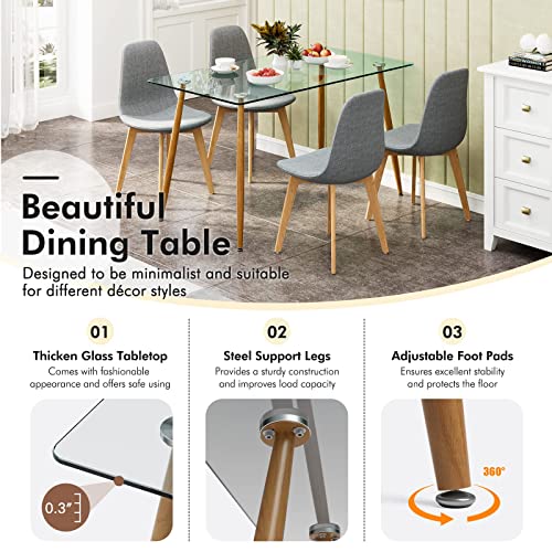 Tangkula 5 Pieces Dining Room Table Set, Modern Table & Chair Set for 5, 4 Grey Fabric Dining Chairs with Glass Dining Table for Small Living Room, Kitchen