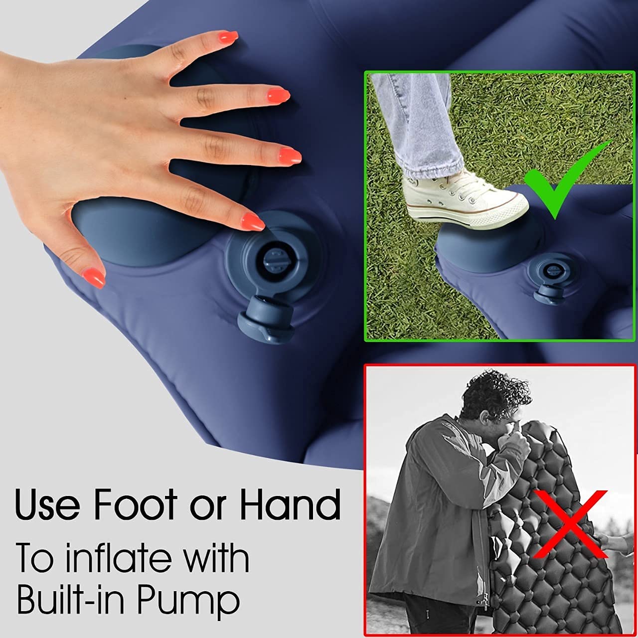 ElloGear Camping Self-Inflating Air Sleeping Pad Mat Foot Pump with Pillow, Great Compact Air Sleeping Pad for Tent Travel, Backpacking, Hiking, Sleeping Over (Navy)