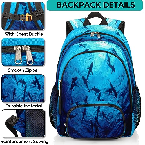 Ocean Animal Sharks Backpack for School Girls Boys,School College Backpack Rucksack Travel Bookbag Student Classics Backpack Cute Book Bags With Chest Strap