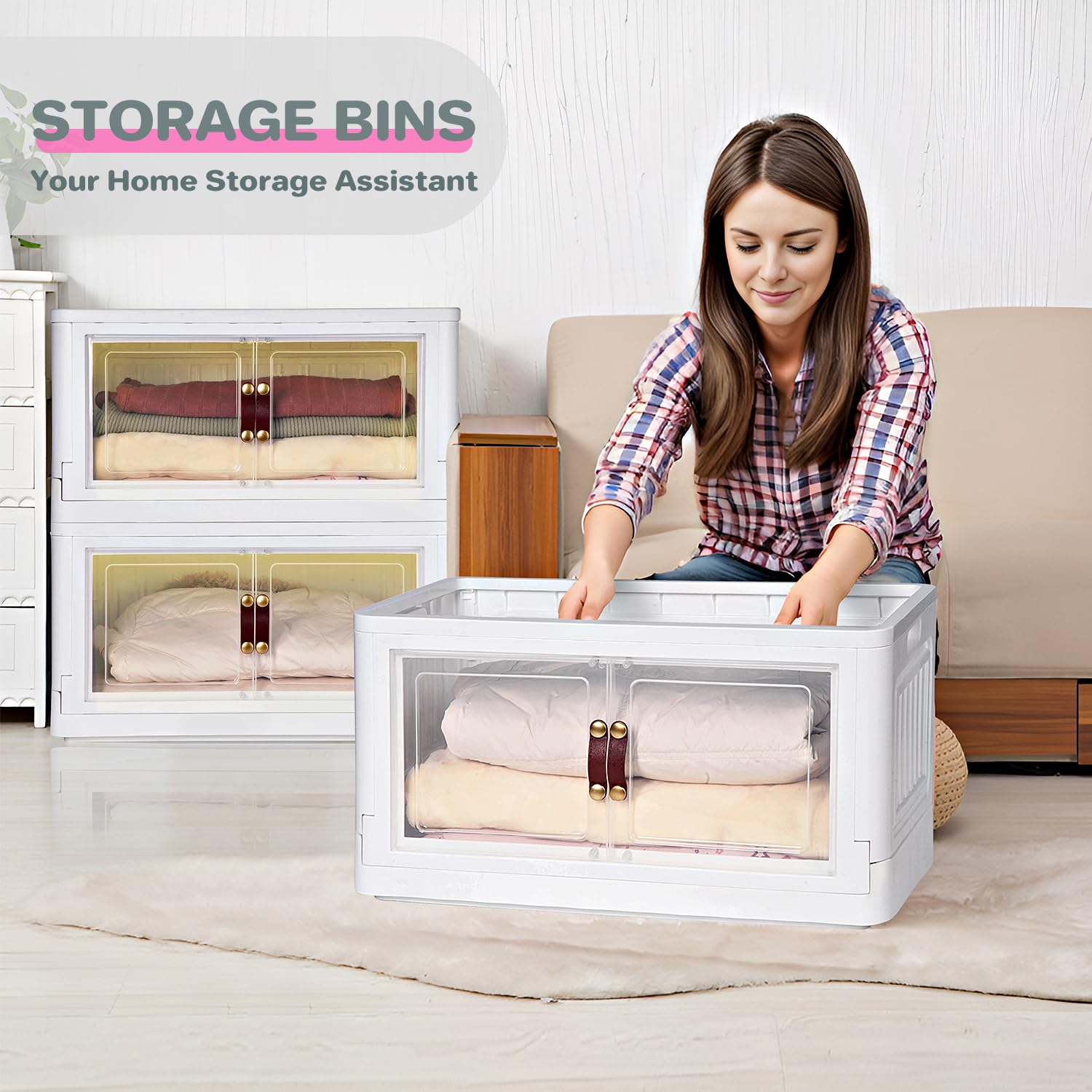 NIRDOG Stackable Storage Bins with Lids - 115 Gallon (455 Quart) - Plastic Collapsible Storage Containers with Wheels, Foldable, Open Front & Open Top, White Acrylic Storage Box - 5 PACK